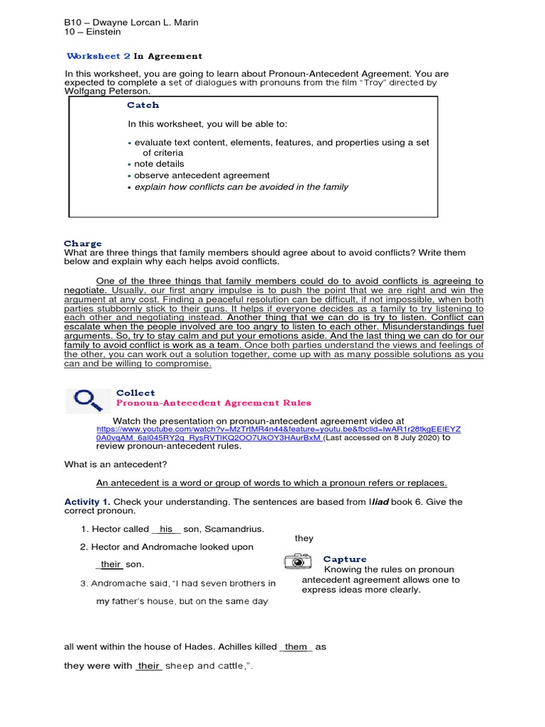 Dwayne Llorcan Marin - Q1 Worksheet 2 Pronouns - 2 | PDF | Hector