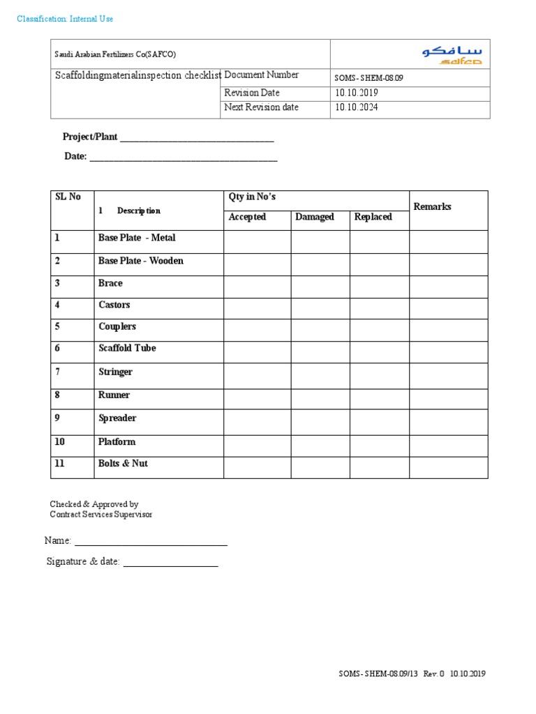SAFCO-SHEM-08.09 Scaffolding Material Inspection Checklist | PDF