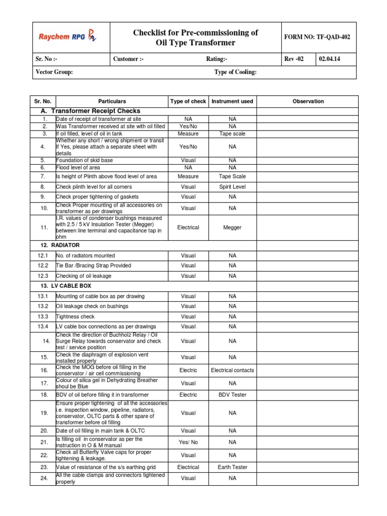 Oil Type Pre Commissioning Report | PDF | Transformer | Relay