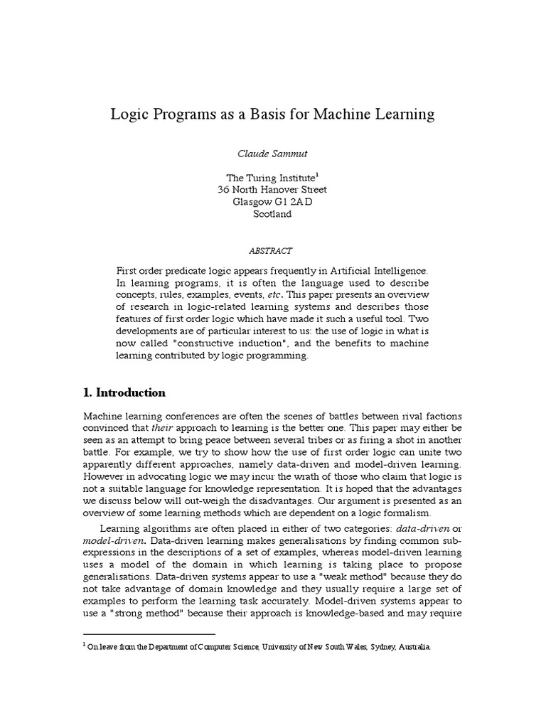 Logic Programs As A Basis For Machine Learning: Claude Sammut | Download Free PDF | Logic ...