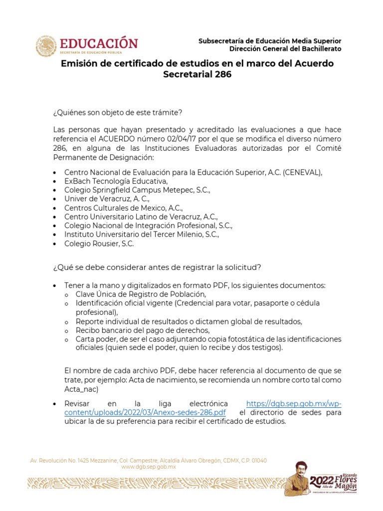 Certificado de estudios Acuerdo 286 | PDF