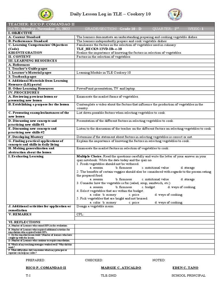 Daily Lesson Log in TLE - Cookery 10 | PDF | Learning | Vegetables