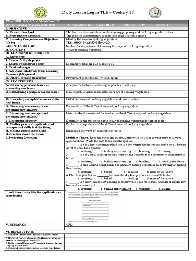 Daily Lesson Log in TLE - Cookery 10 | PDF | Cooking | Learning