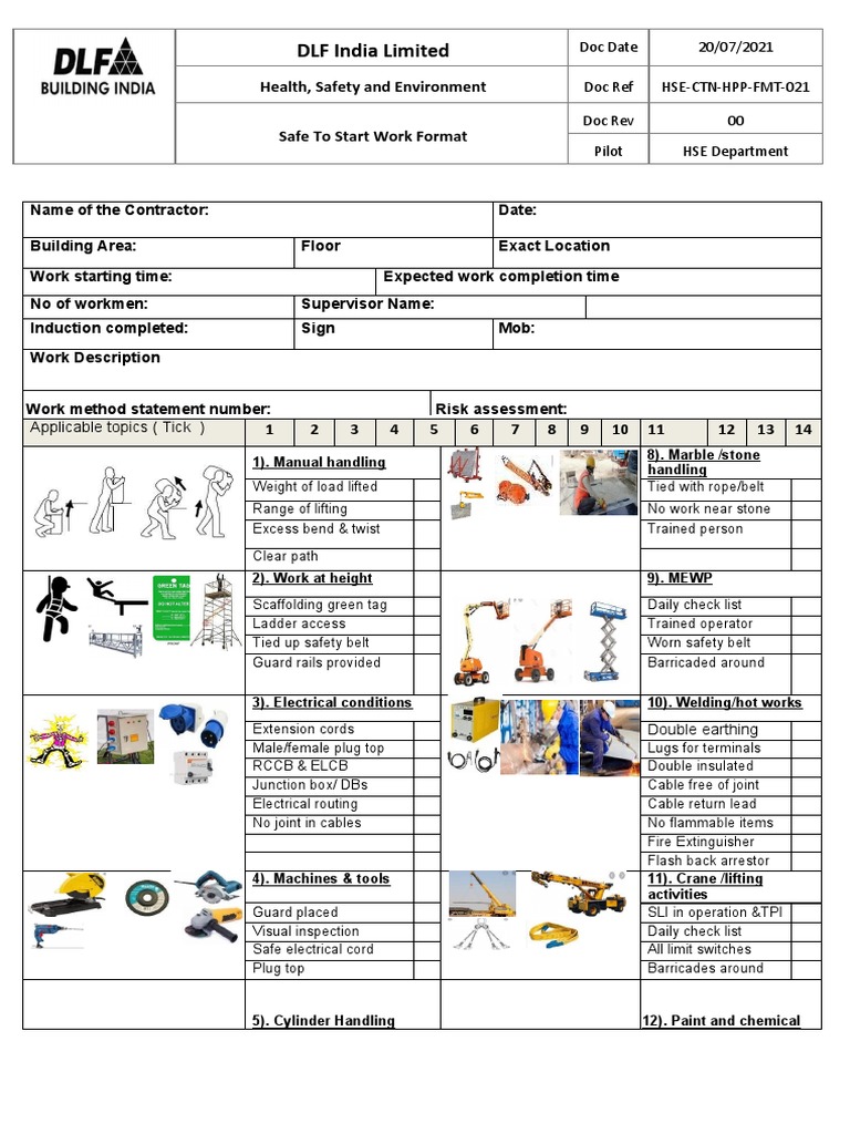 Safe To Start Work checklist | PDF | Personal Protective Equipment | Safety