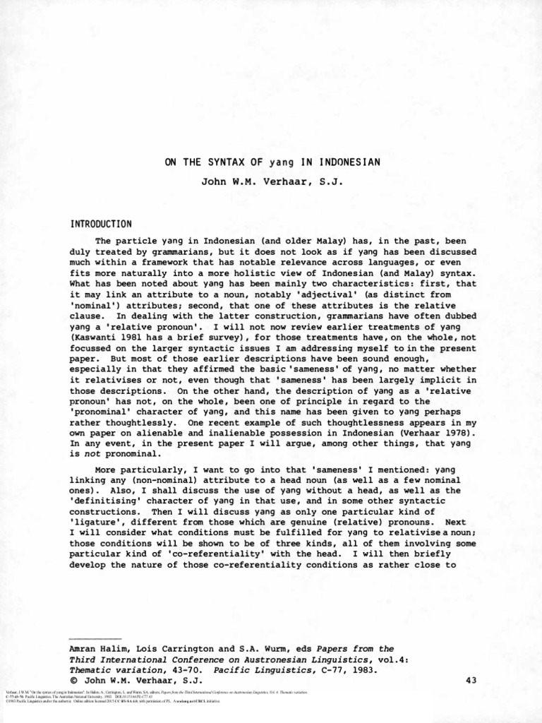 On The Syntax of in Indonesian John W - M - Verhaar, S - J | PDF ...