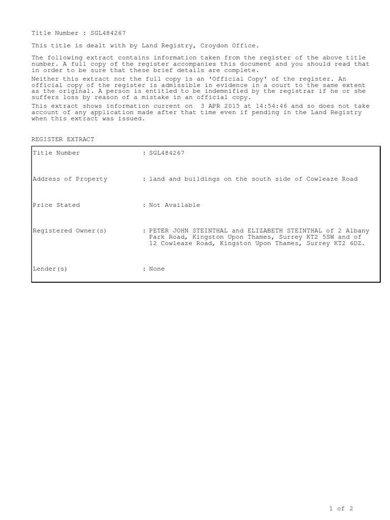 Land Registry Information For A Property, Including A Plan | PDF | Sole ...