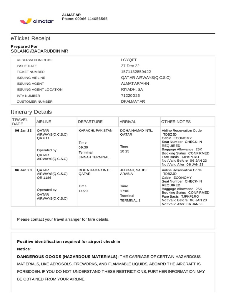 Electronic Ticket Receipt, January 06 For MR BADARUDDIN SOLANGI | PDF | Transport Companies ...