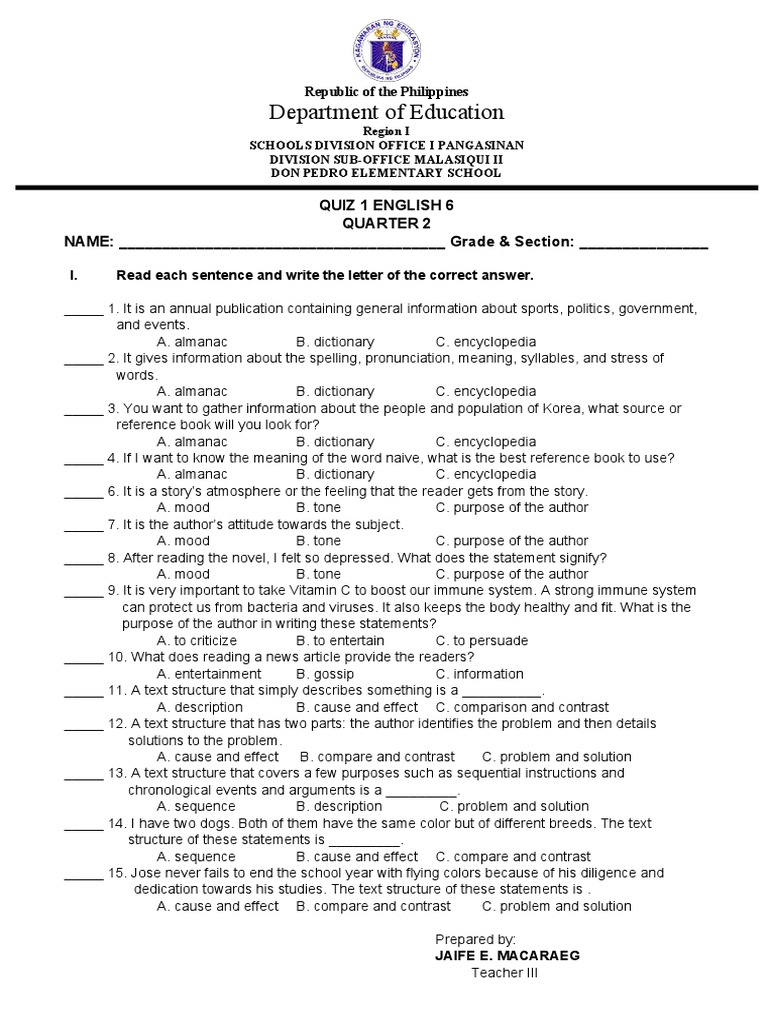 ENGLISH 6 Q2 Wk1-2 Quiz 1 | PDF | English Language | Cognition