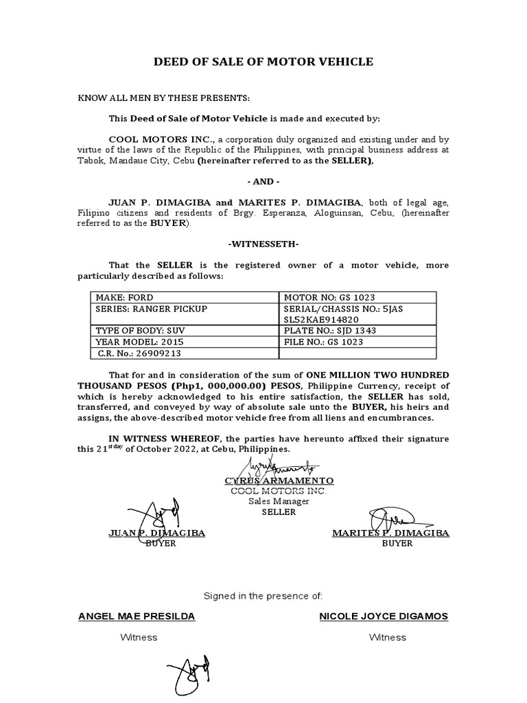 Deed of Sale of Motor Vehicle | PDF | Wheeled Vehicles | Transport