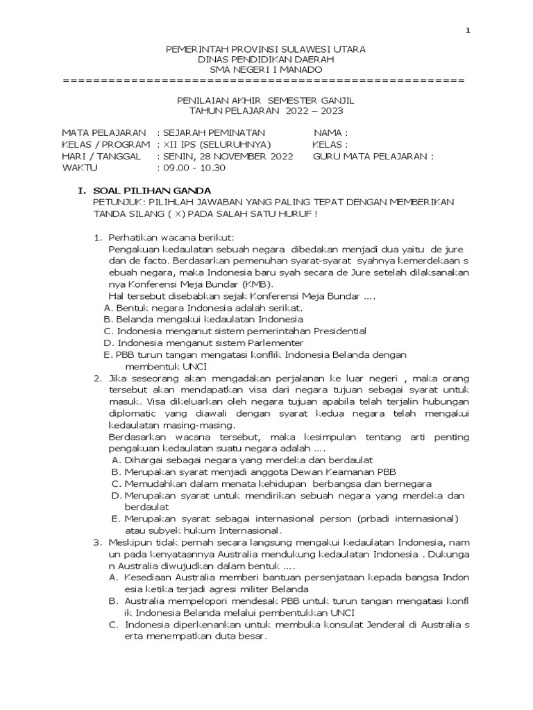 Soal Ujian Sej Minat Sem Ganjil KLS 12 Ips THN 2022 | PDF