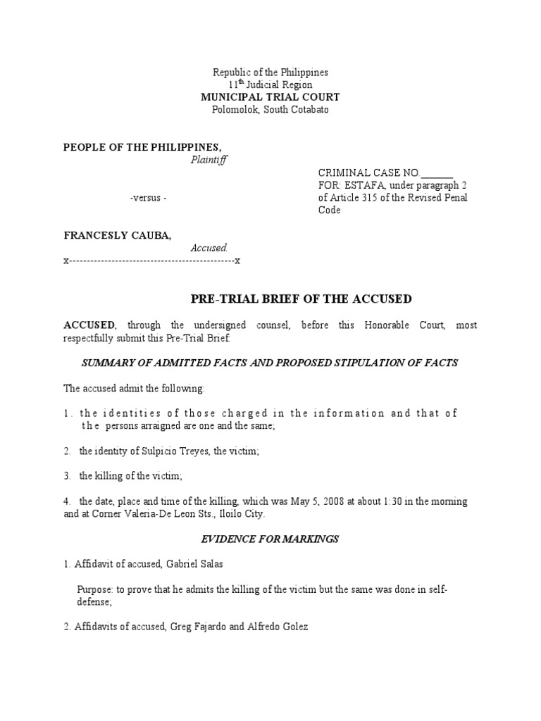 Pre-Trial Brief For The Accused Sample | PDF