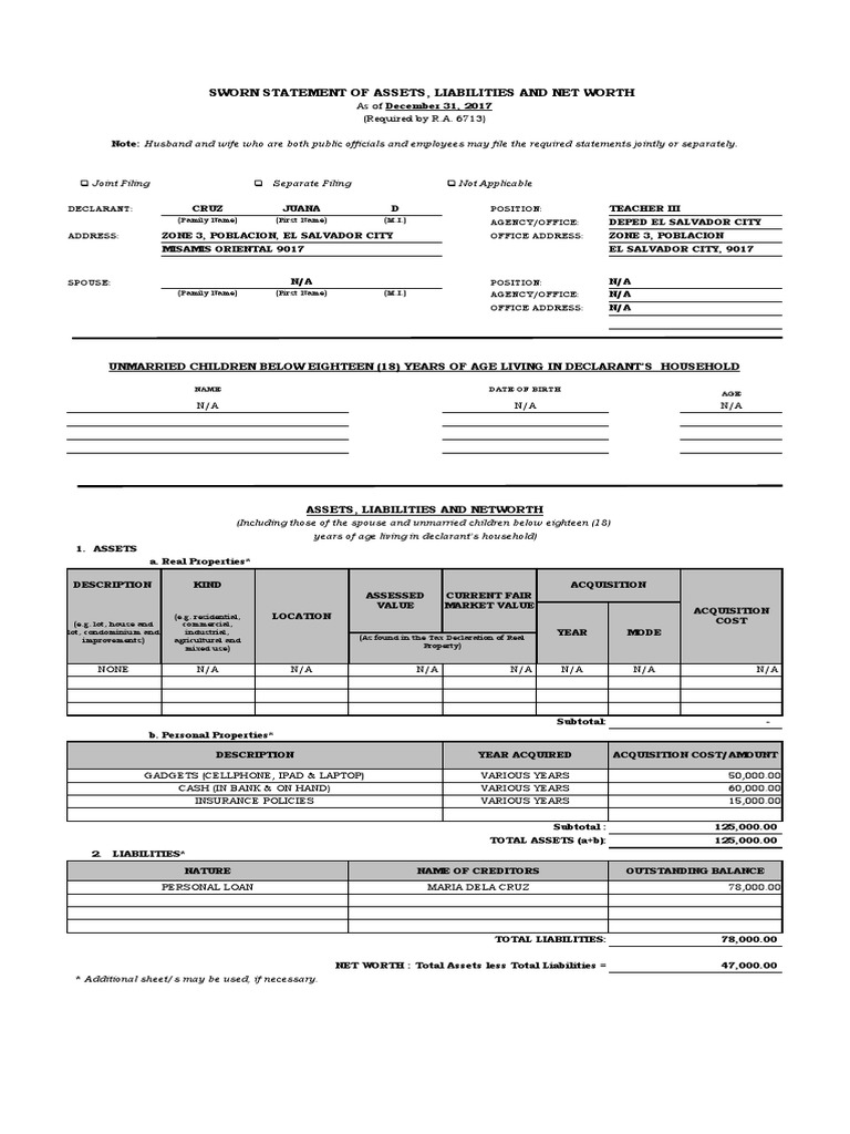 Sample SALN Form Excel Format | PDF | Net Worth | Financial Services