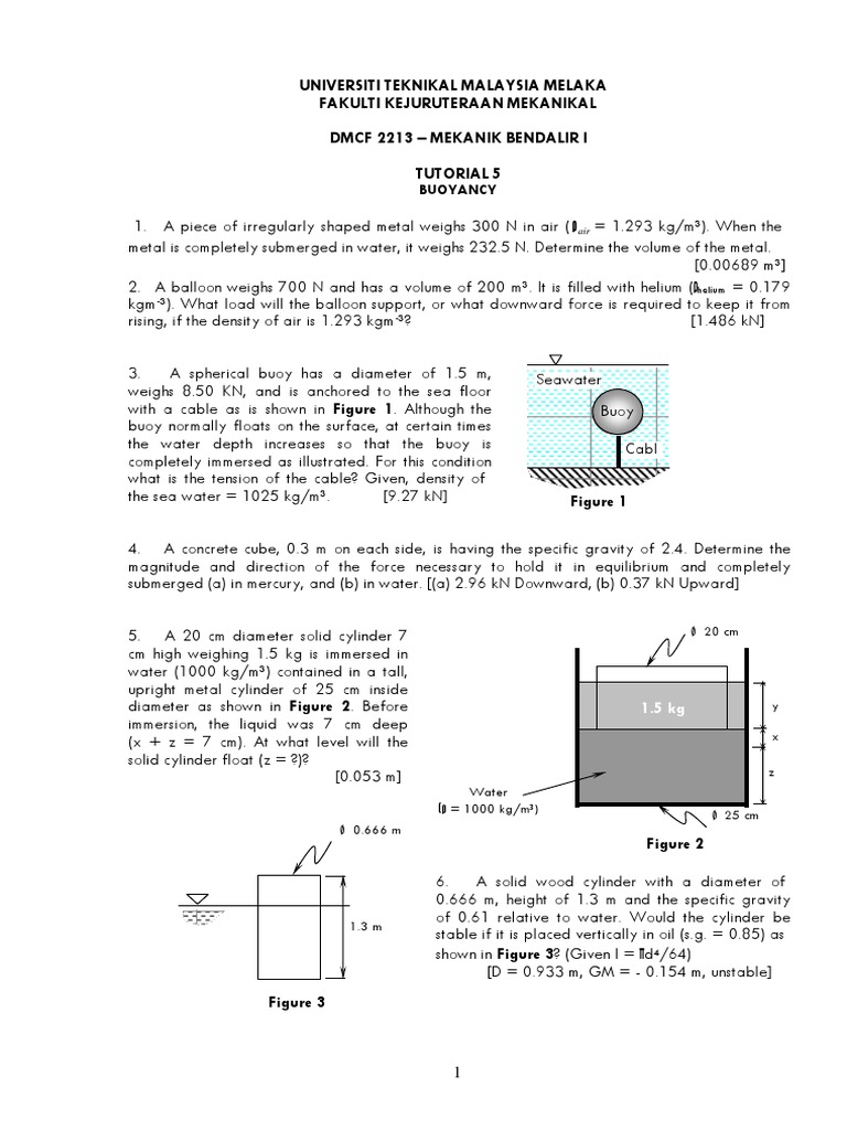 Tutorial 5 - DMCF 2213 (Buoyancy) | PDF | Buoyancy | Physics Tutorial 5 - DMCF 2213 (Buoyancy) | PDF | Buoyancy | Physics