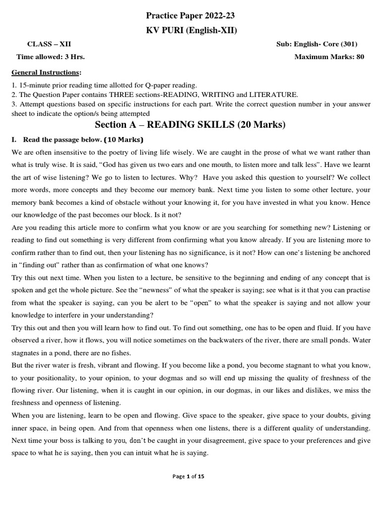 English XII Practice Paper | PDF | Flood | Inflation