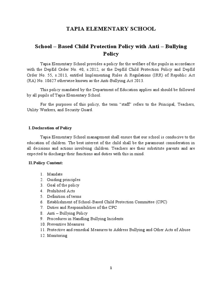 Child Protection Policy With Anti Bullying Policy | PDF | Bullying ...