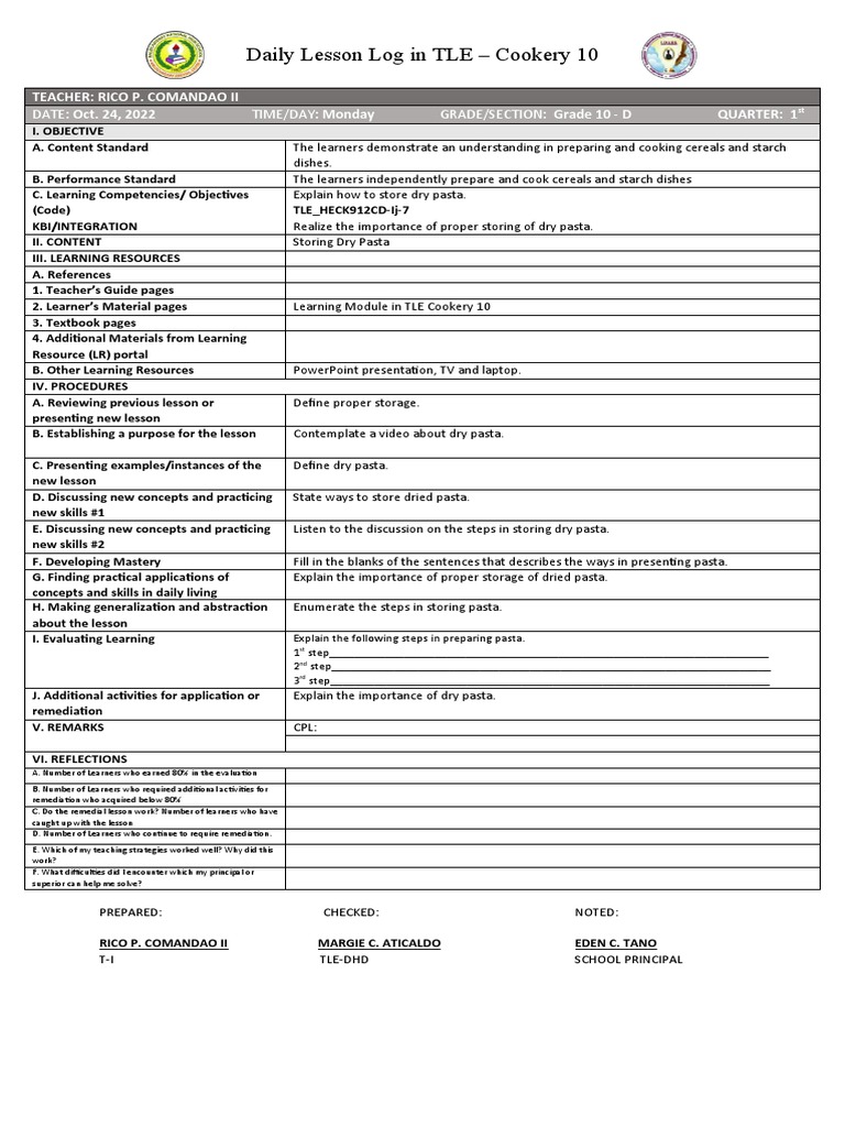 Daily Lesson Log in TLE - Cookery 10 | Download Free PDF | Learning | Pasta