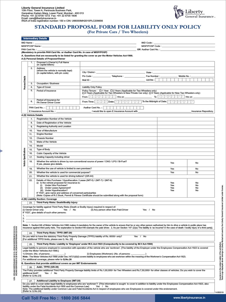 Private Car and Two Wheeler Liability Only Proposal Form | PDF ...