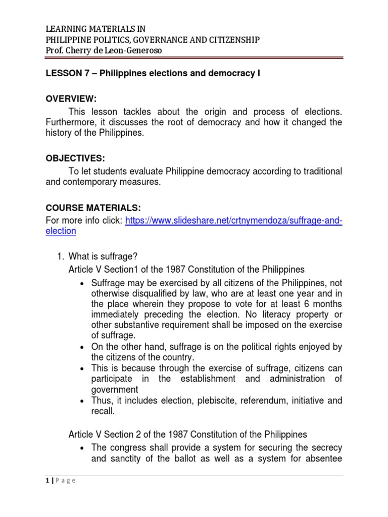 Lesson 7 For Polgov | PDF | Elections | Suffrage