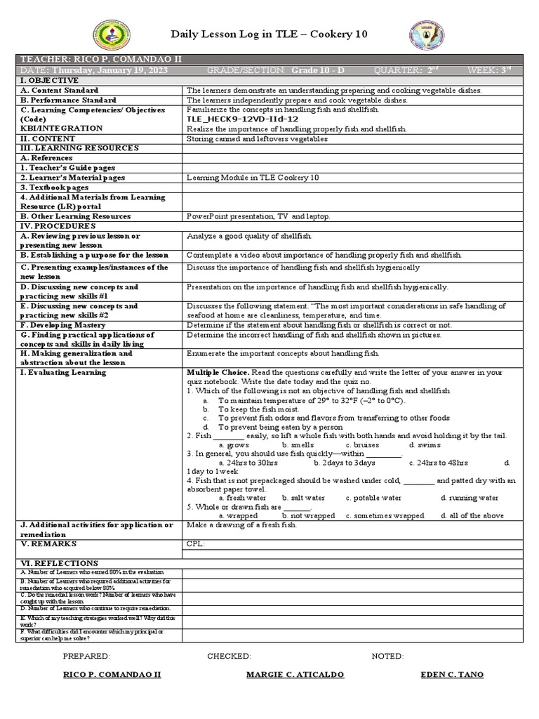 Daily Lesson Log in TLE - Cookery 10 | PDF