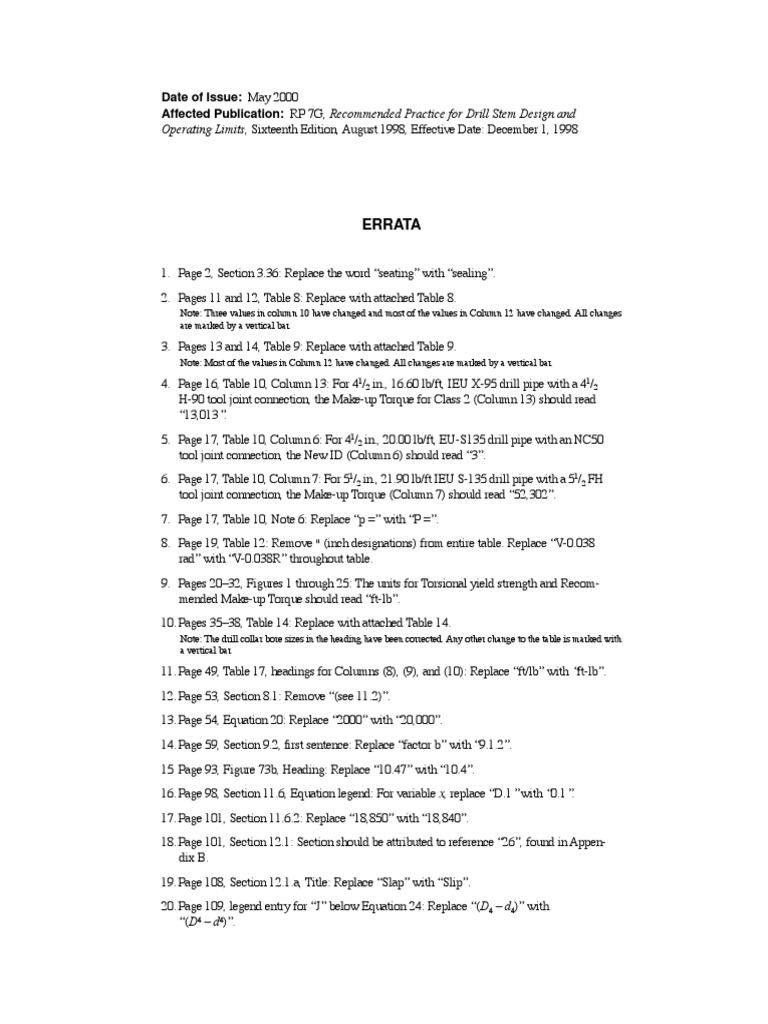 API RP 07G Errata 1 Drill String Design N Oper Limits May2000 | PDF | Strength Of Materials ...