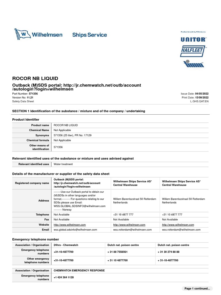 ROCOR NB LIQUID SDS Water Treatment Chemical Safety Data | PDF | Redox | Nitrate