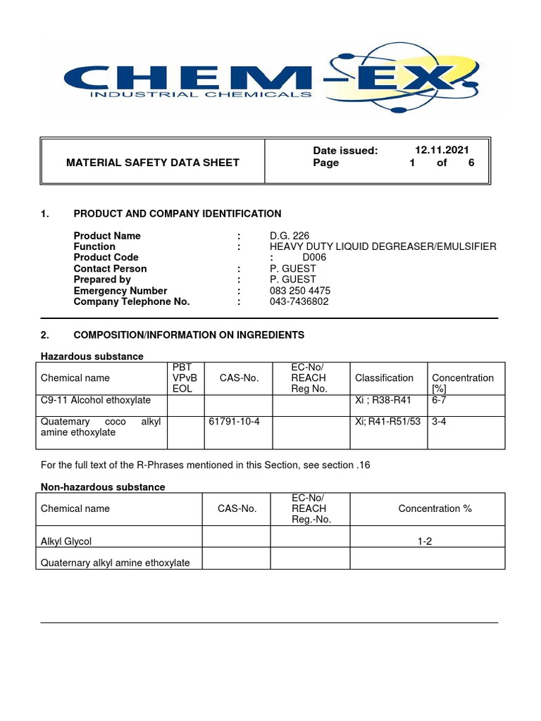 Chemex Degreaser | PDF | Water | Personal Protective Equipment