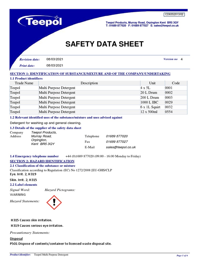 Teepol Multi Purpose Detergent SDS | PDF | Toxicity | Personal ...