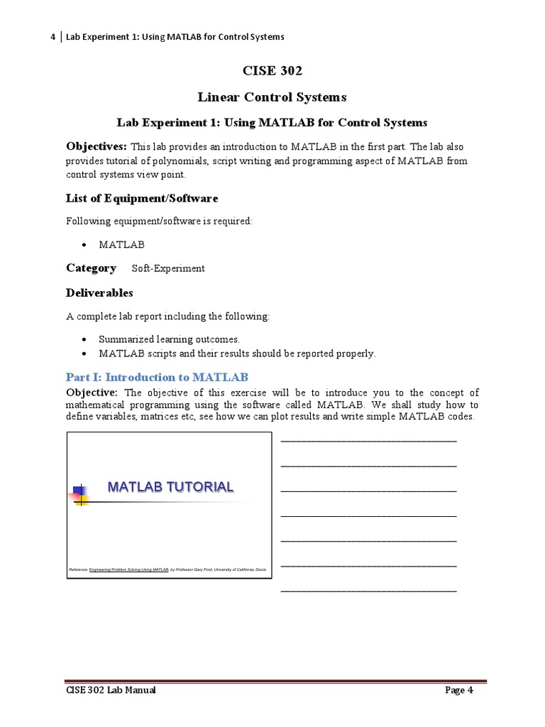 CISE-302-Linear-Control-Systems-Lab-Manual 1 | PDF | Matrix (Mathematics) | Matlab