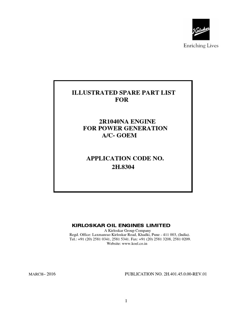 Illustrated Spare Part List FOR: Kirloskar Oil Engines Limited | PDF ...