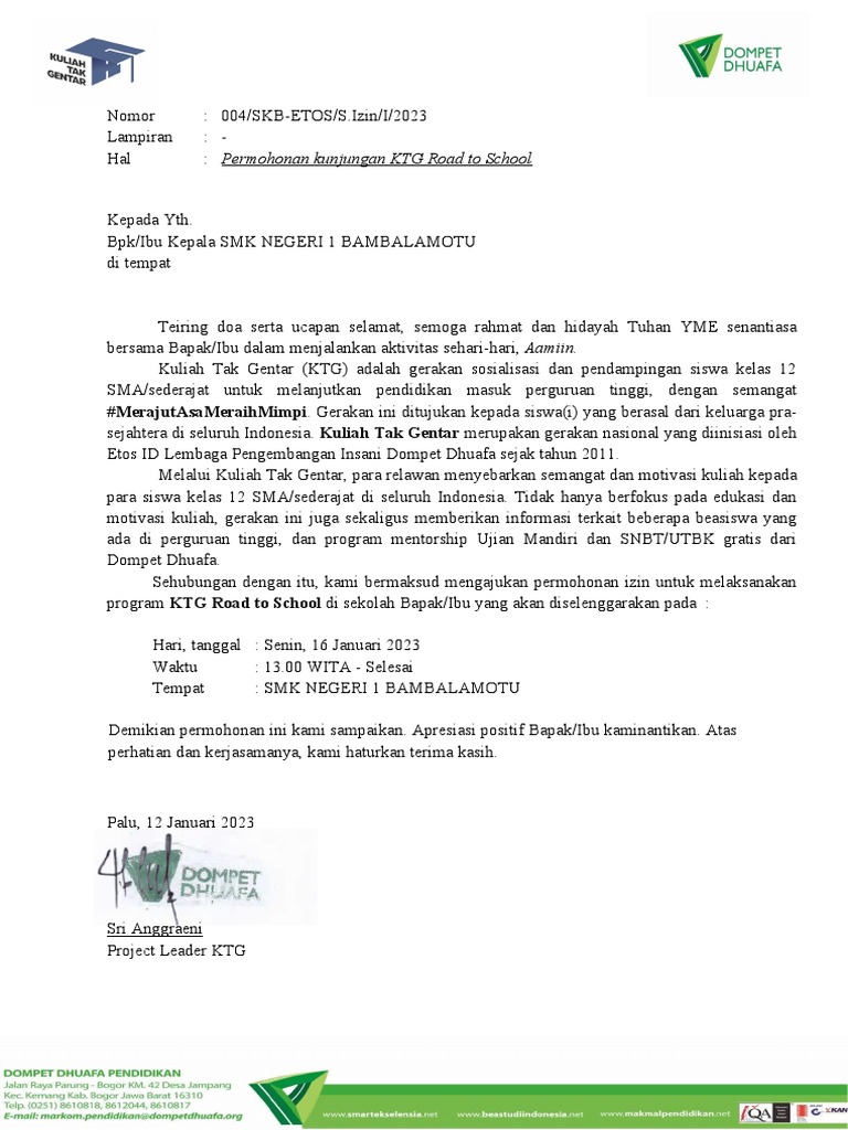 Surat Izin KTG SMK N 1 BAMBALAMOTU | PDF