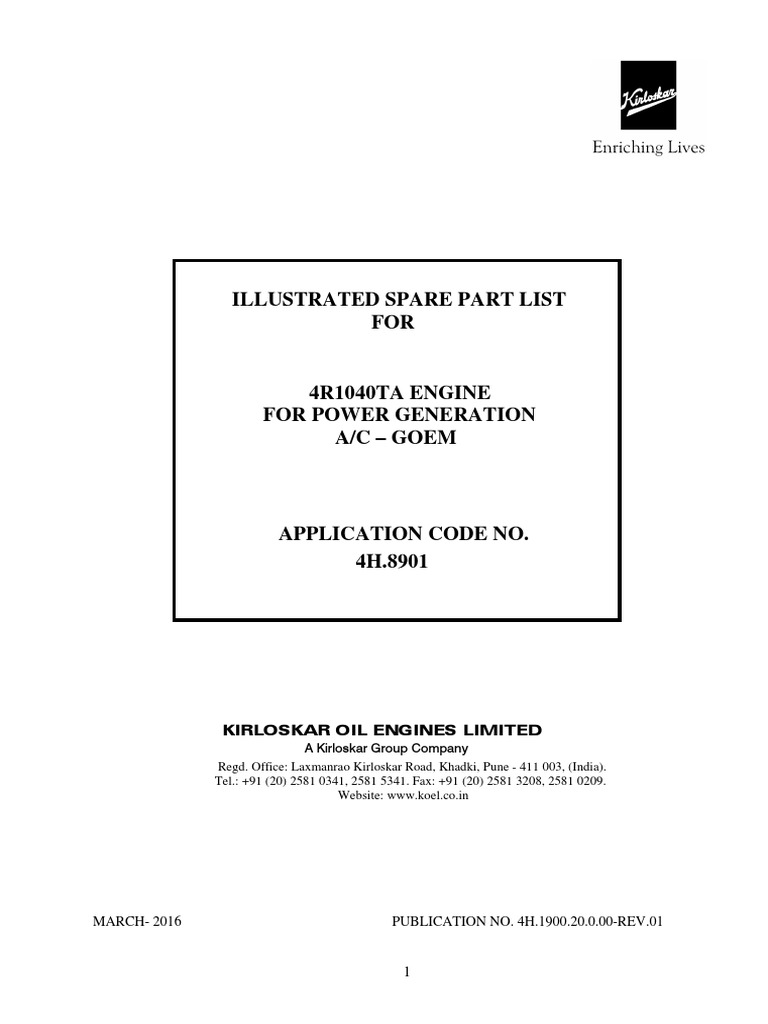 Illustrated Spare Part List FOR: Kirloskar Oil Engines Limited | PDF ...