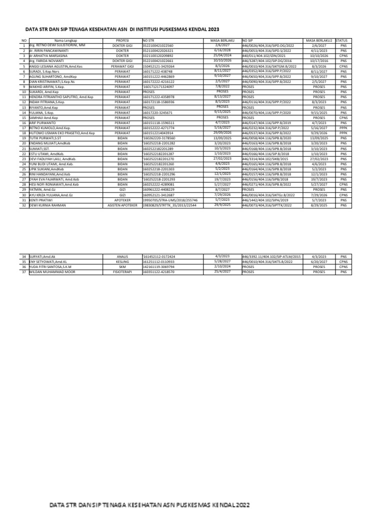 Rekap New STR Sip Asn PKM Kendal 2022 | PDF