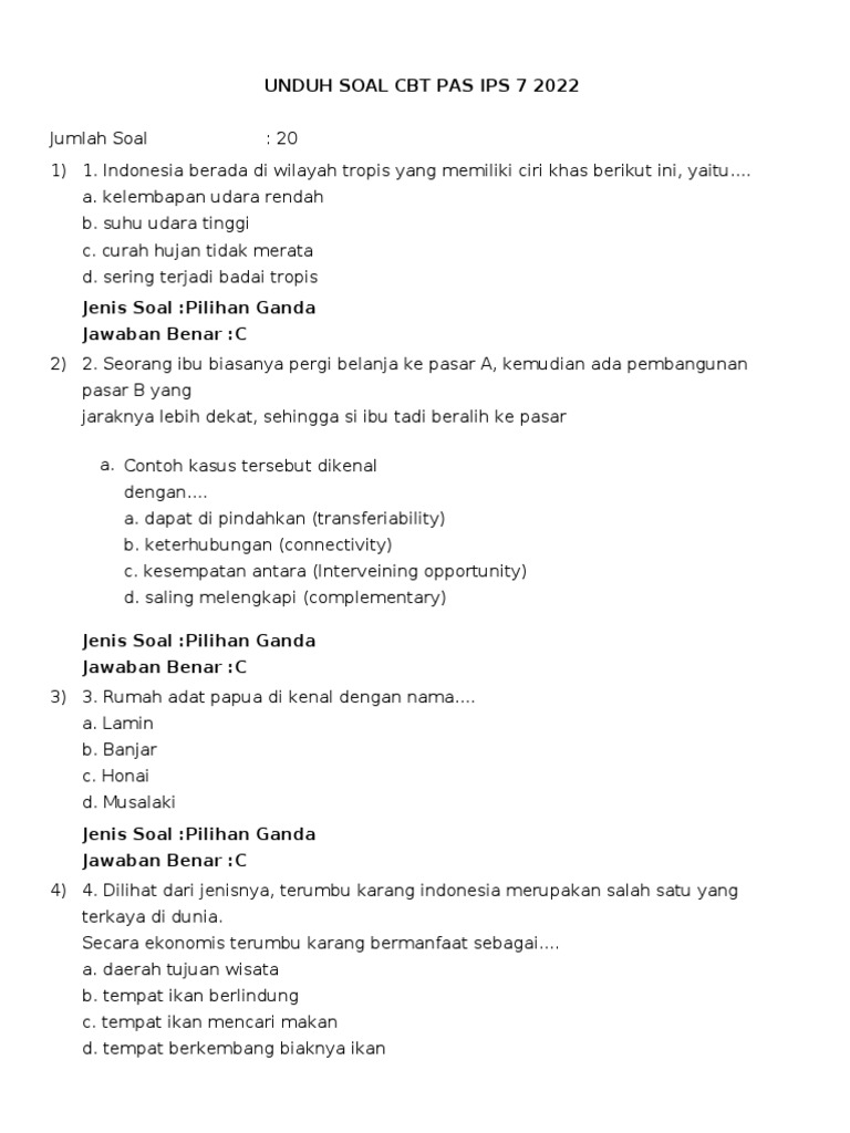 Lembar Soal CBT PAS IPS 7 2022 | PDF