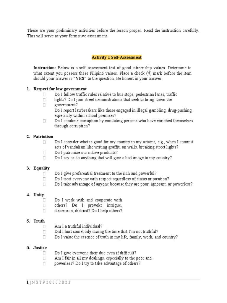 Filipino Values Self-Assessment Guide | PDF | Applied Ethics | Social ...
