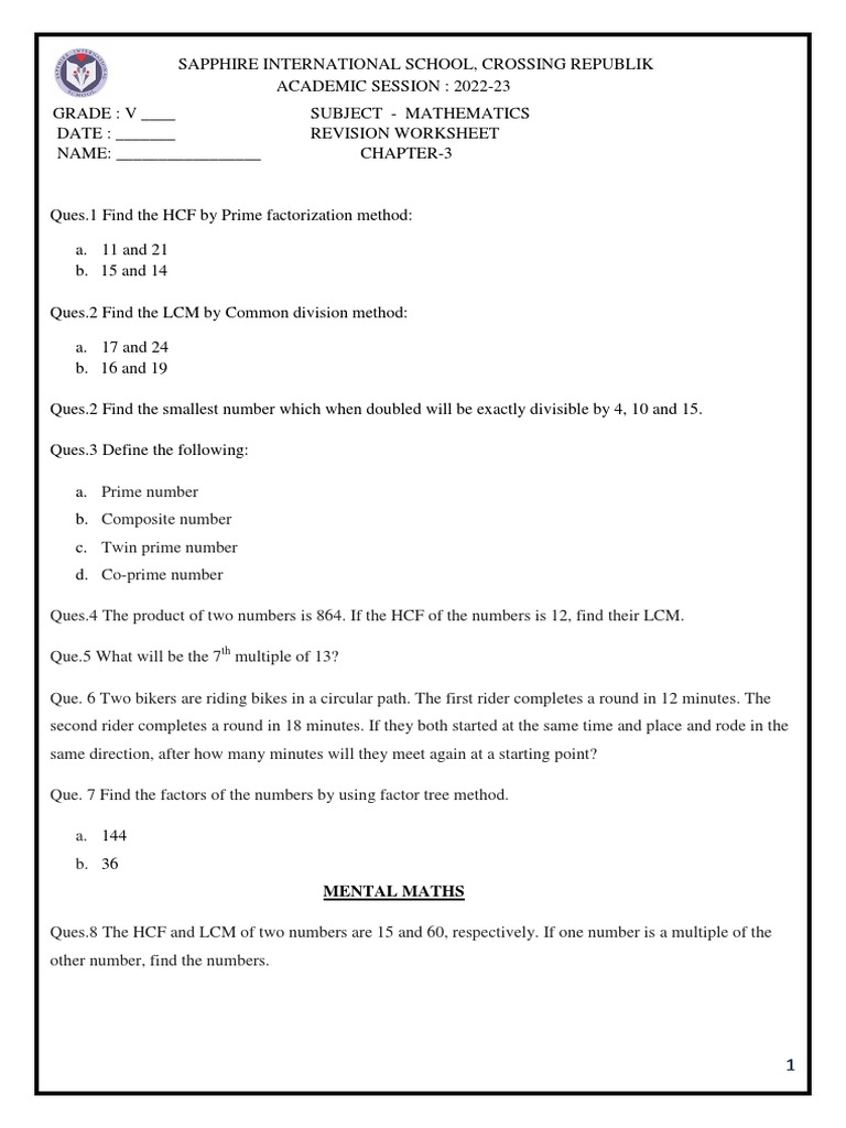 Class 5 Ch-3 Revision Worksheet | PDF