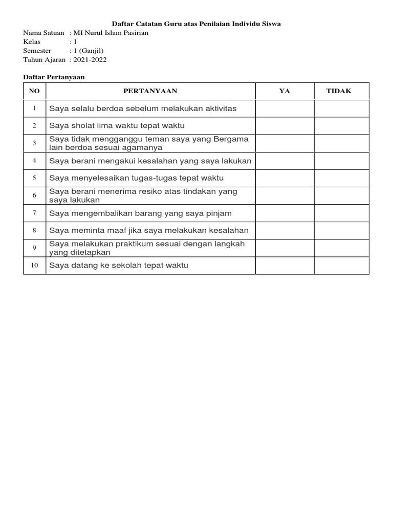 Daftar Catatan Guru Atas Penilaian Individu Siswa | PDF