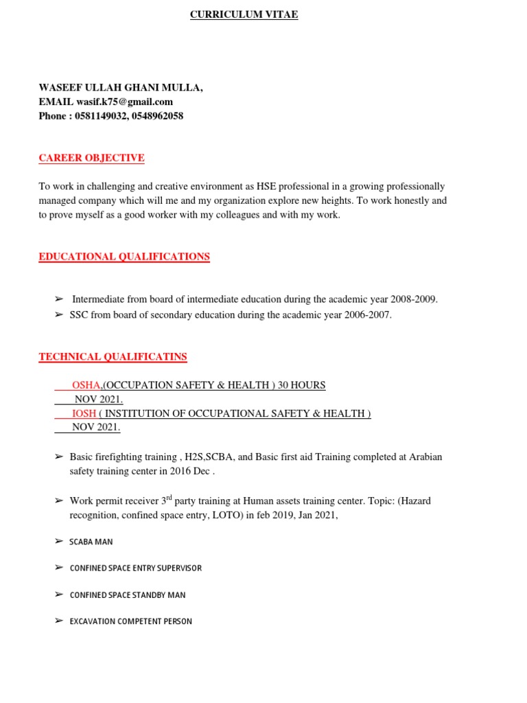 Waseef Ullah WPR CV | PDF | Occupational Safety And Health | Personal ...