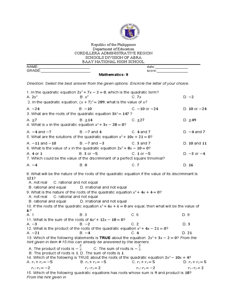 Math 9 | PDF | Quadratic Equation | Mathematical Concepts