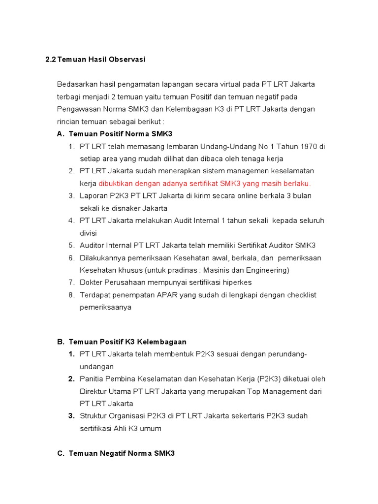 Kel 2 - Temuan Hasil Observasi (Norma SMK3 Dan K3 Kelembagaan) | PDF