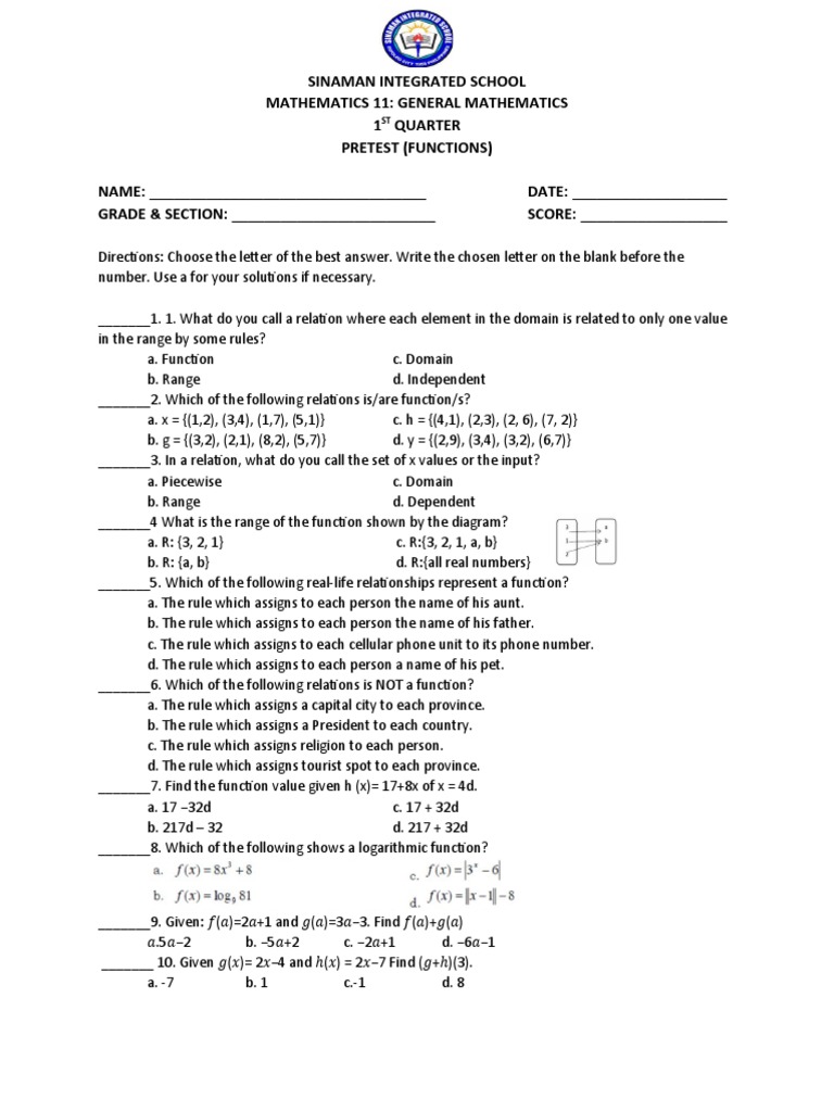 Pretest GENMATH FUNCTIONS | PDF | Function (Mathematics) | Mathematical ...