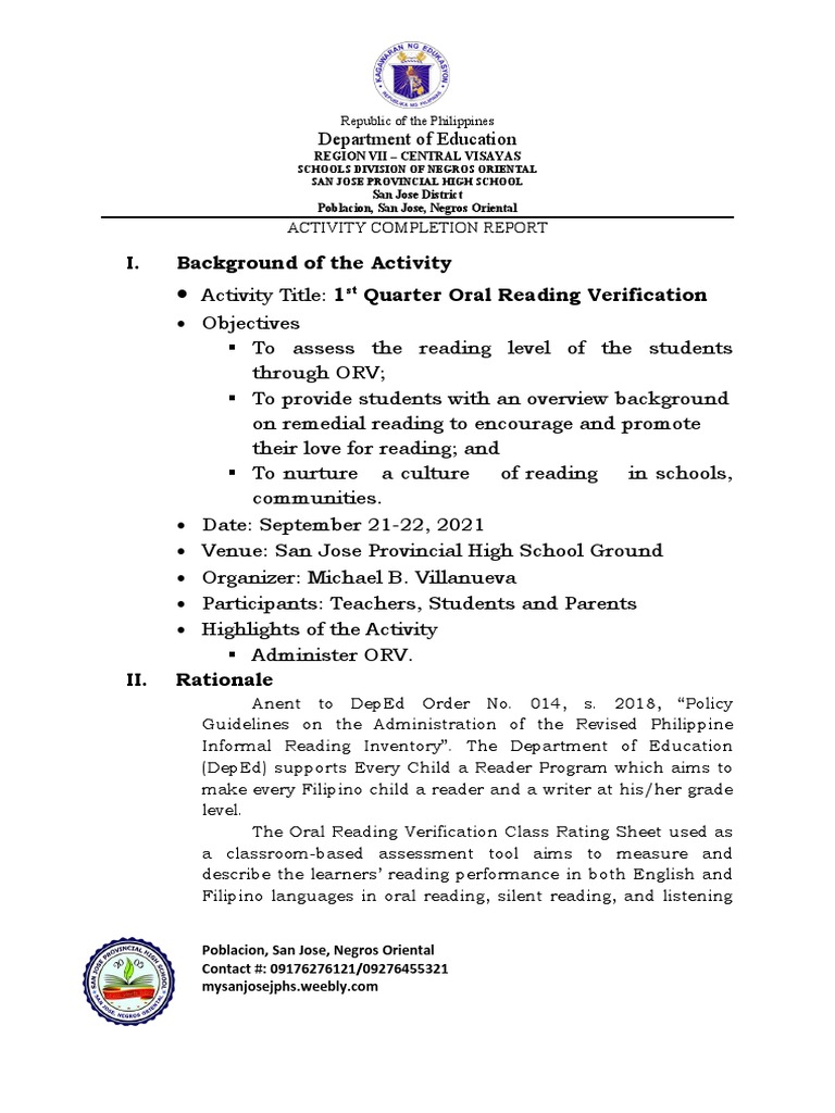 Final Activity Completion Report (Orv 1st Quarter) | PDF | Communication | Cognitive Science