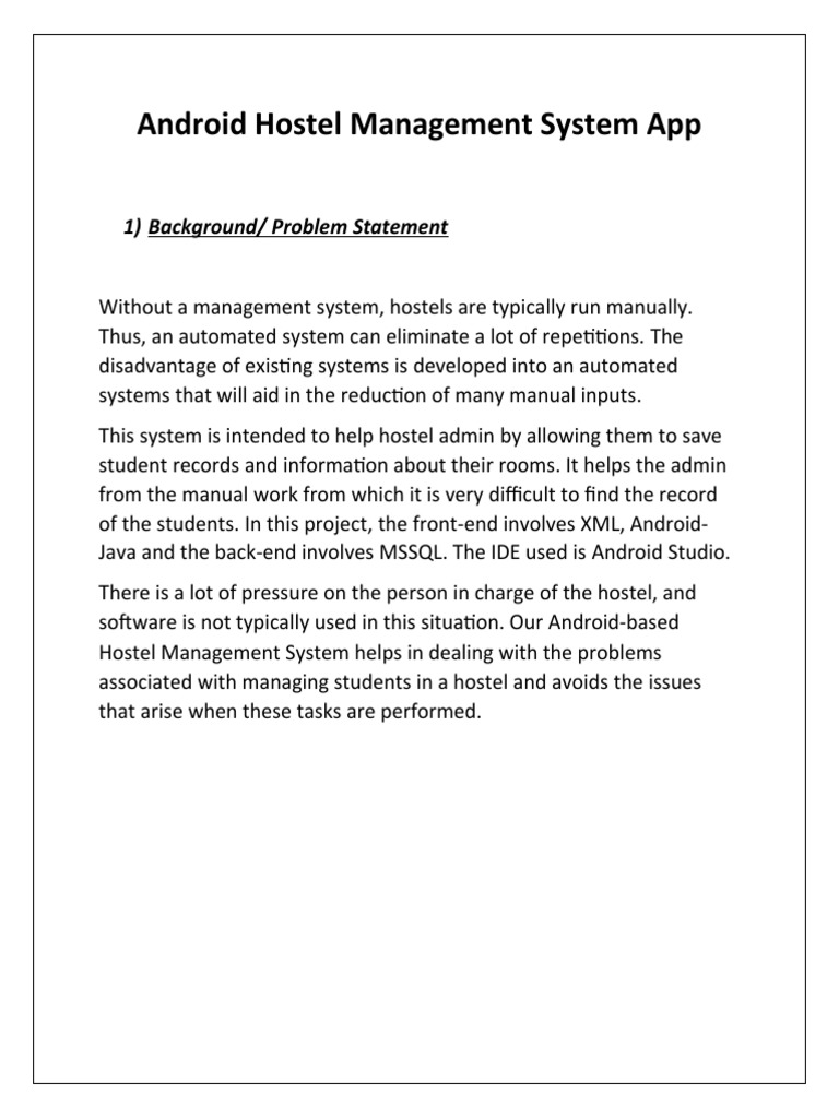 Android Hostel Management System App: 1) Background/ Problem Statement | PDF | Android ...
