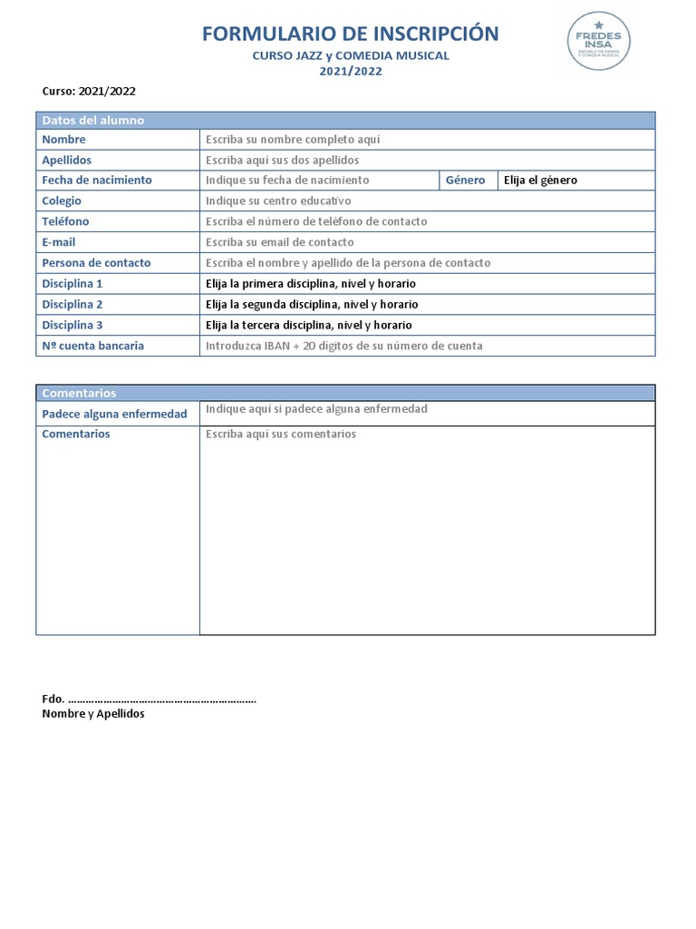 2021 - Edfi - Formulario Inscripción Escuela Fredes Insa | PDF