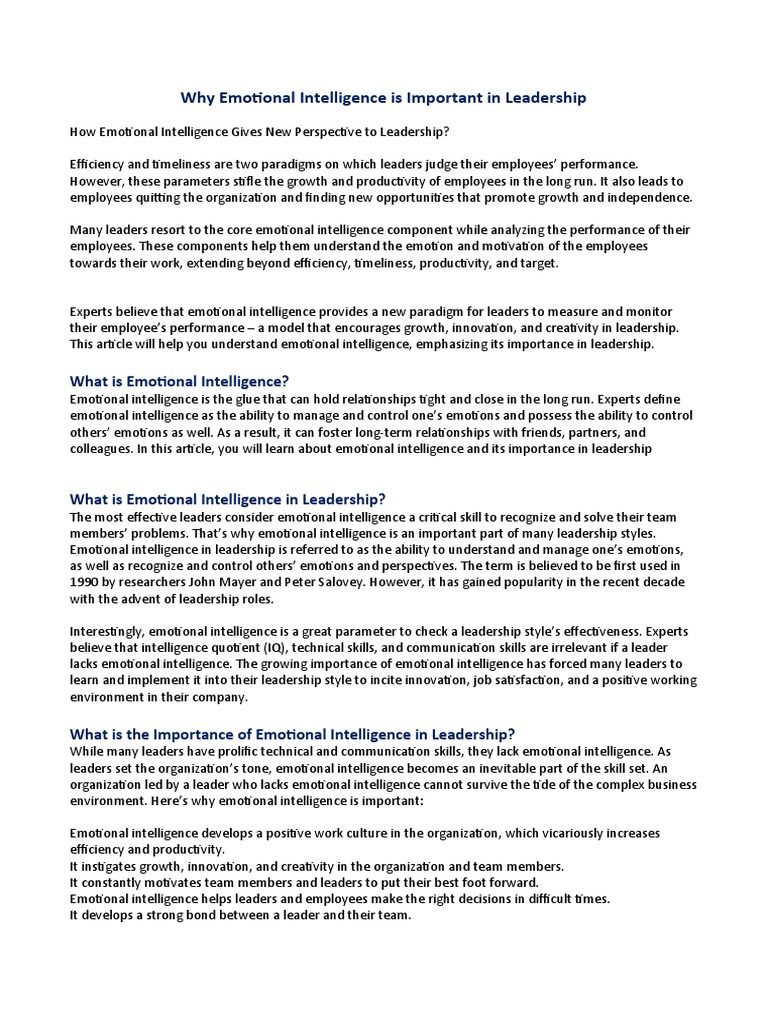 Why Emotional Intelligence Is Important In Leadership Pdf