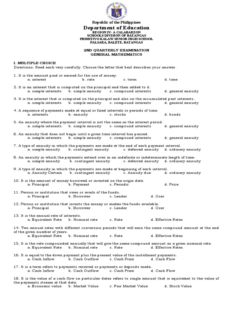 2nd Quarterly Exam - General Math | PDF | Interest | Stocks
