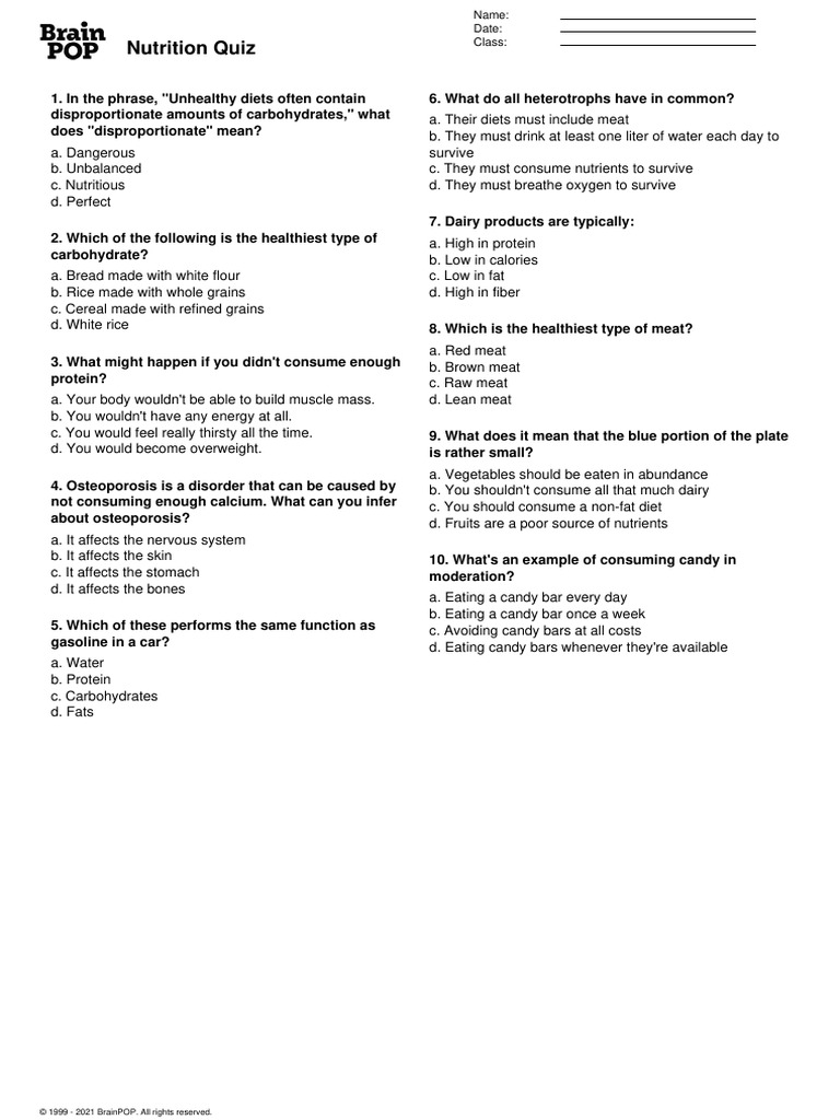 BrainPOP Nutrition Quiz242342 | PDF | Meat | Eating