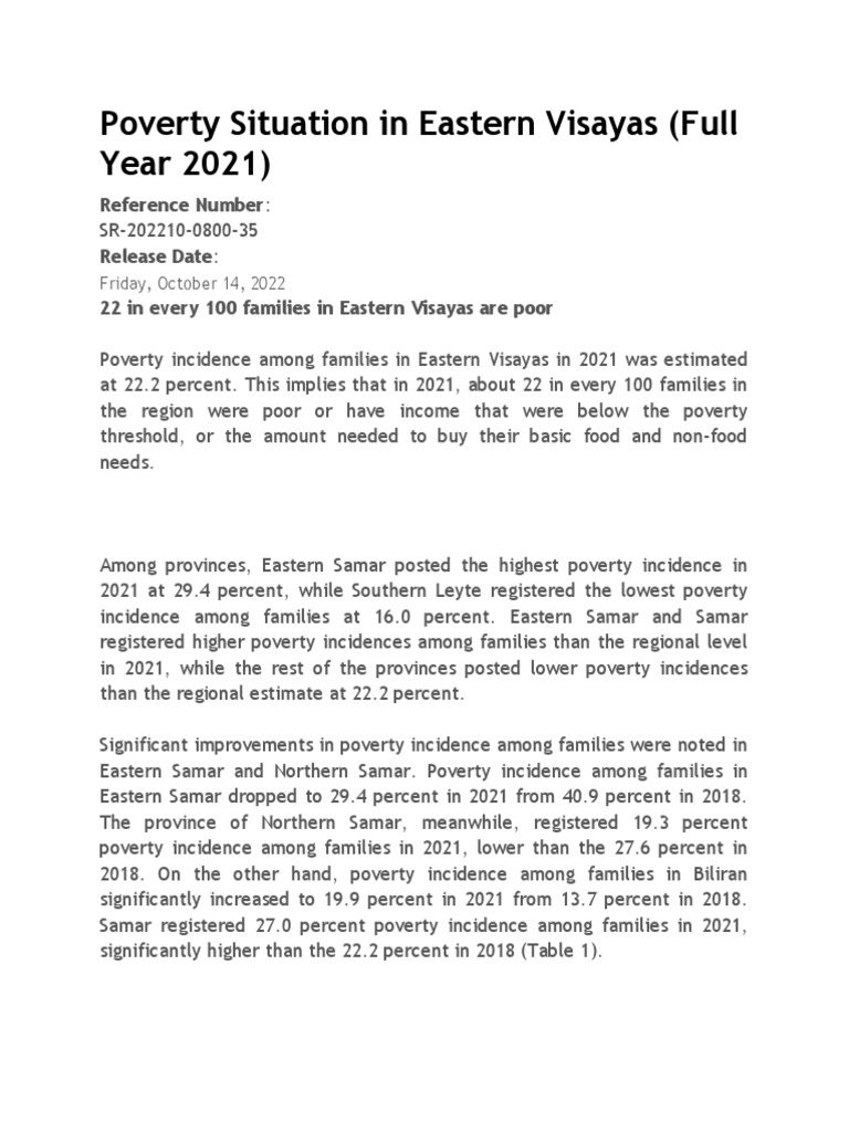 2021 Poverty Statistics in Eastern Visayas | PDF | Poverty | Poverty ...