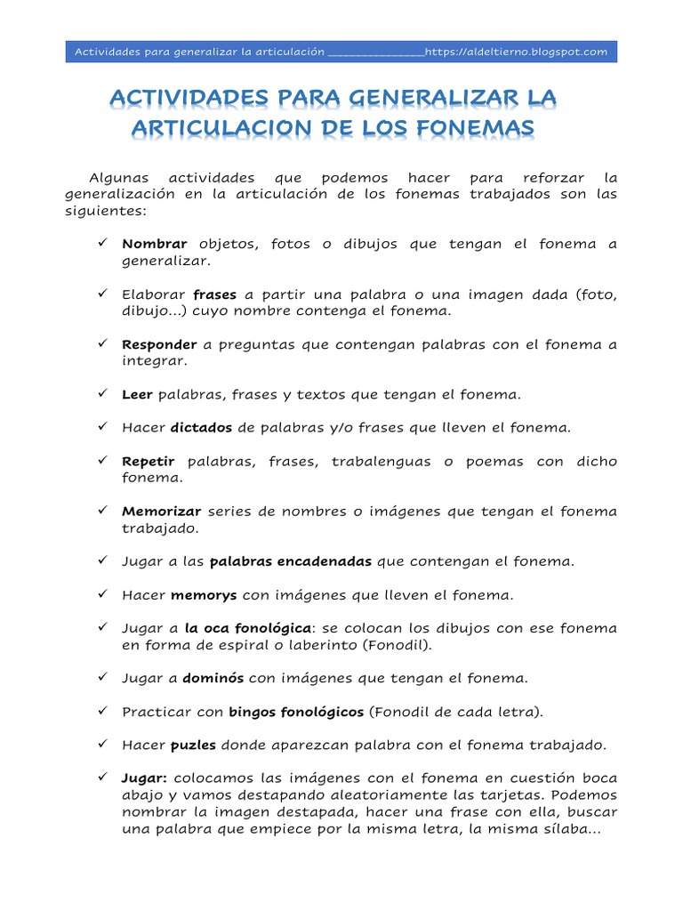 ACTIVIDADES PARA GENERALIZAR LA ARTICULACIÓN DE LOS FONEMAS | PDF ...