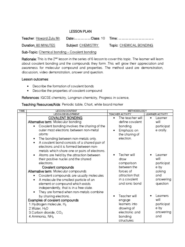 LESSON PLAN-2-Covalent Bonding | PDF | Chemical Bond | Chemical Compounds