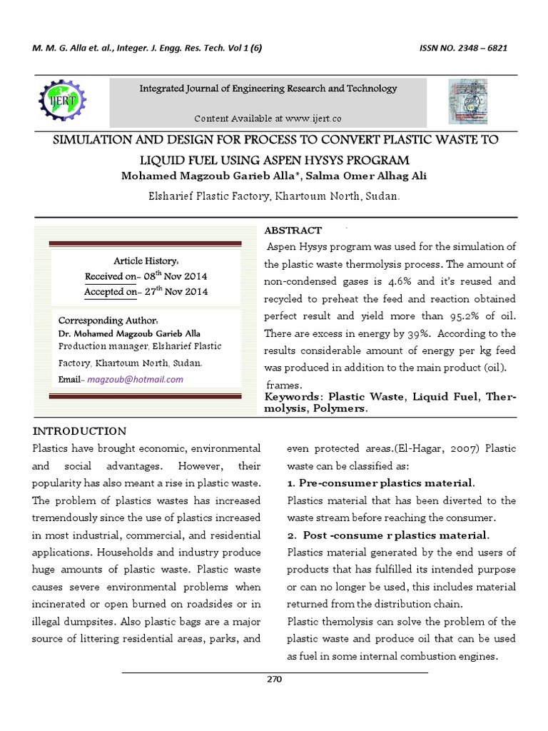 SIMULATION AND DESIGN FOR PROCESS TO CONVERT PLASTIC WASTE TO Liquid ...